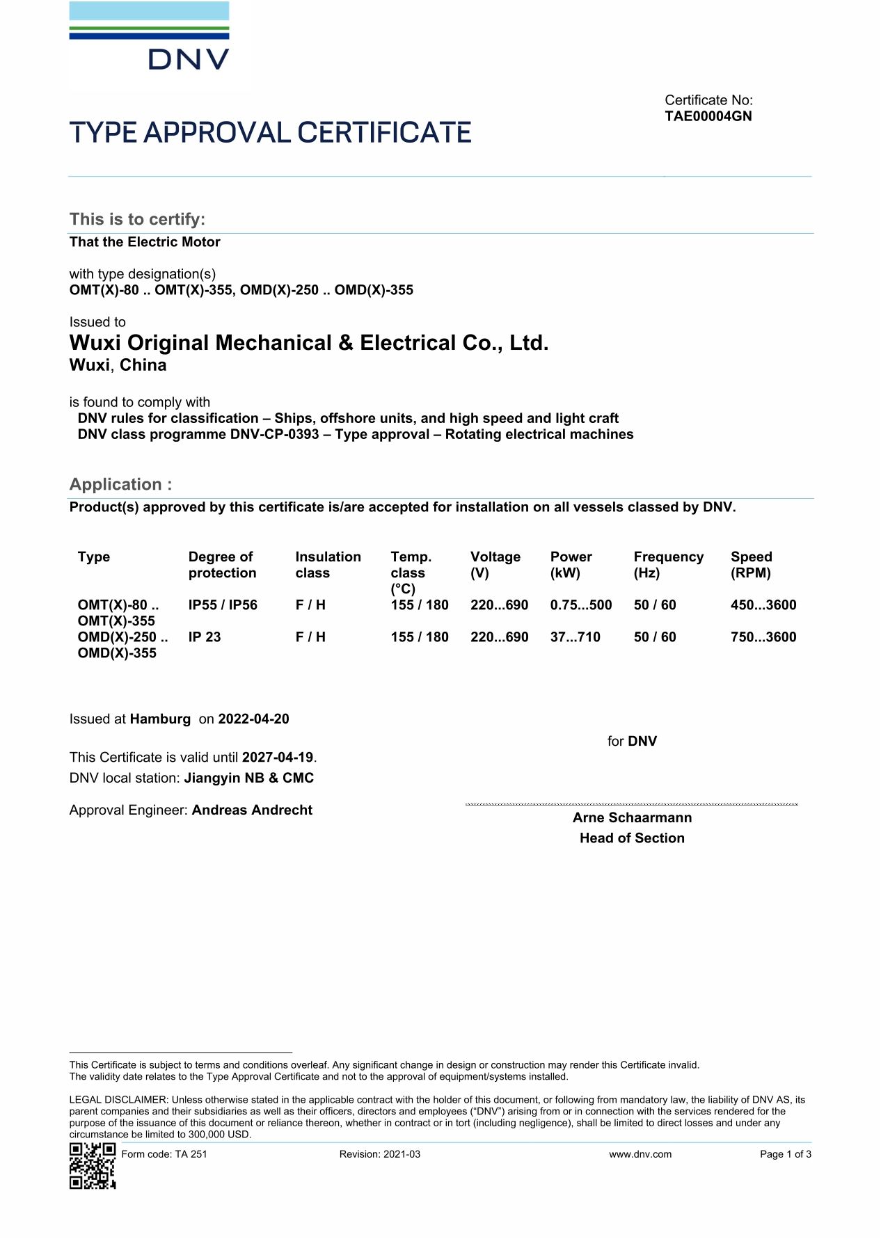 Omec Electric - Certification